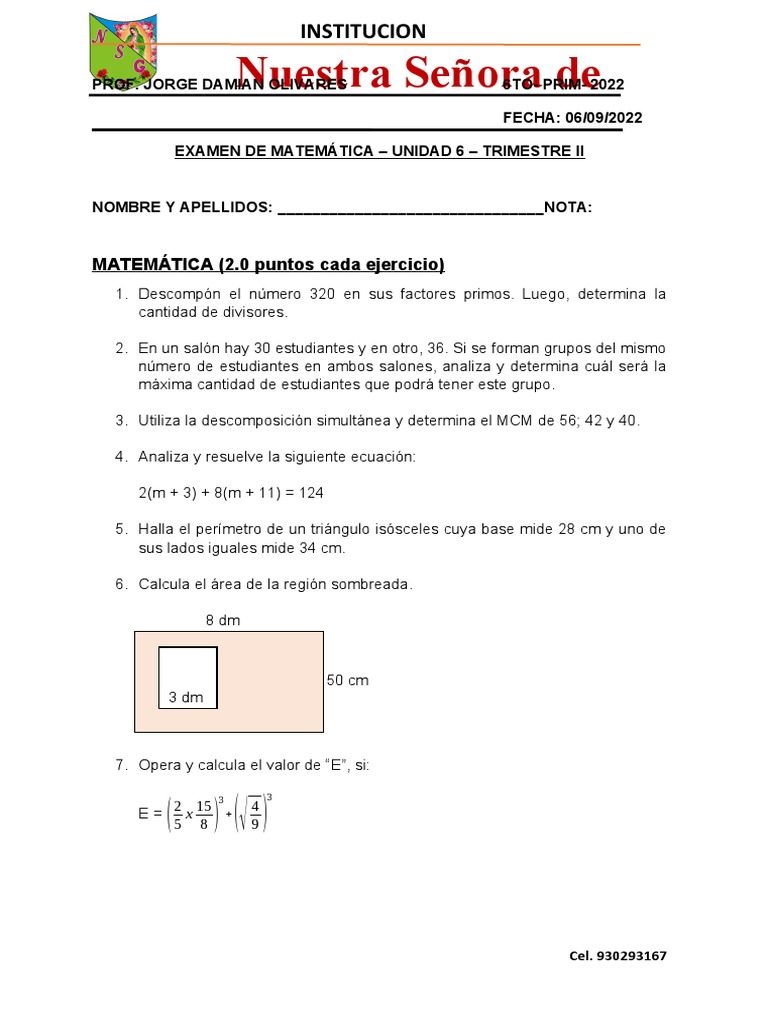 Examen de Mate 6to Prim 6 Unidad | PDF | Matemáticas