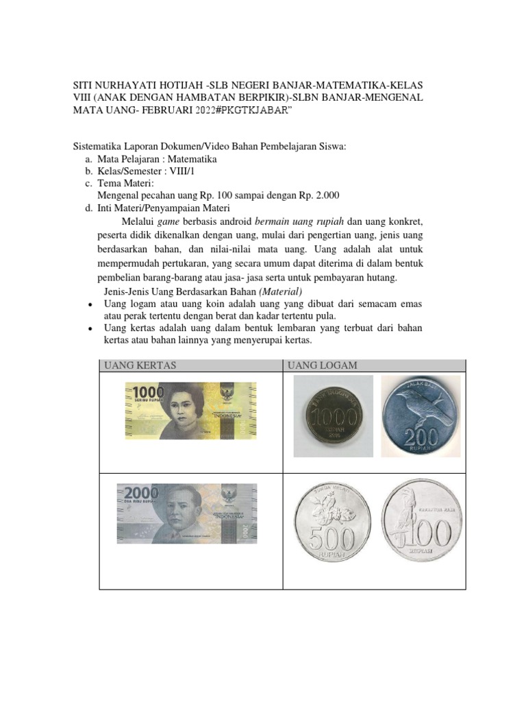 Mengenal Mata Uang untuk Siswa SLB | PDF