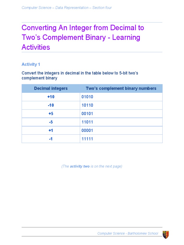 Converting 2s Complement Binary To Decimal Data Representation Pdf