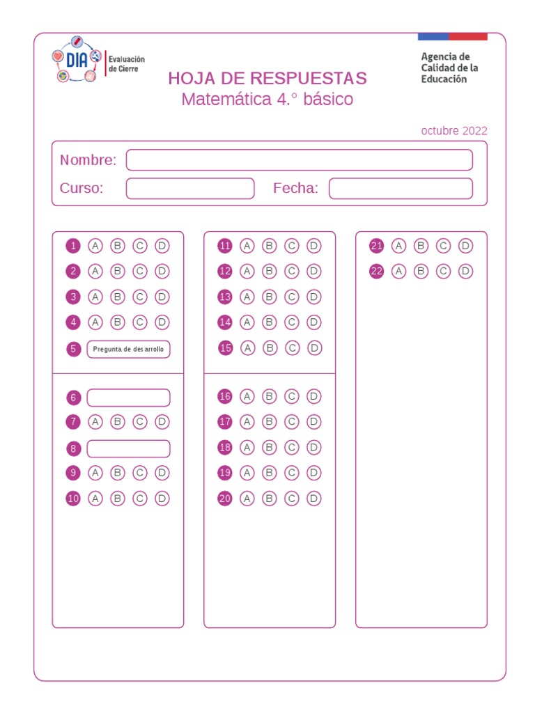 Hoja Respuesta Matematica 4 Basico Cierre 2022 PDF | PDF