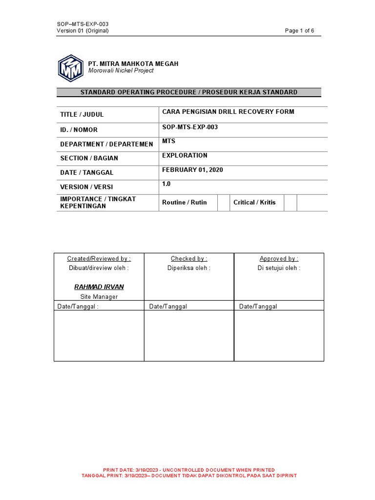 Sop-Mts-Exp-03-Mmm Pengisian Drill Recovery Form | PDF