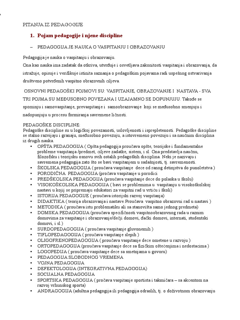 PEDAGOGIJA, Pitanja I Odgovori | PDF