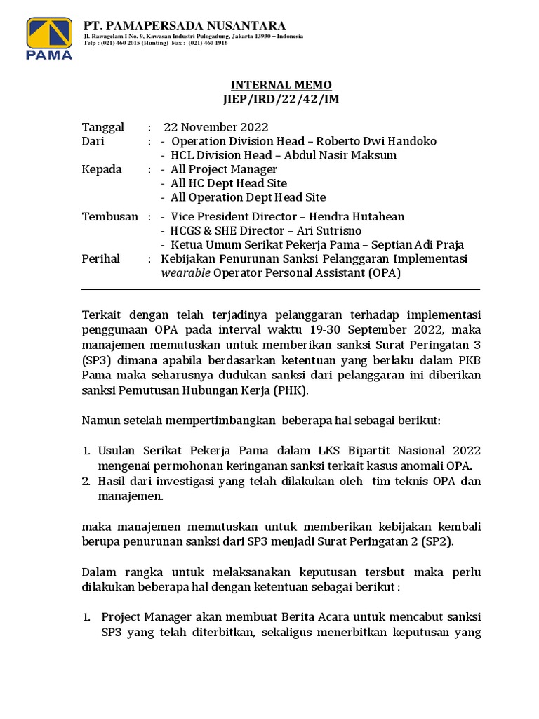 Internal Memo Kebijakan Penurunan Sanksi Pelanggaran OPA | PDF