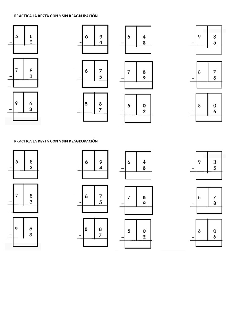 PRACTICA LA RESTA CON Y SIN REAGRUPACIÒN | PDF