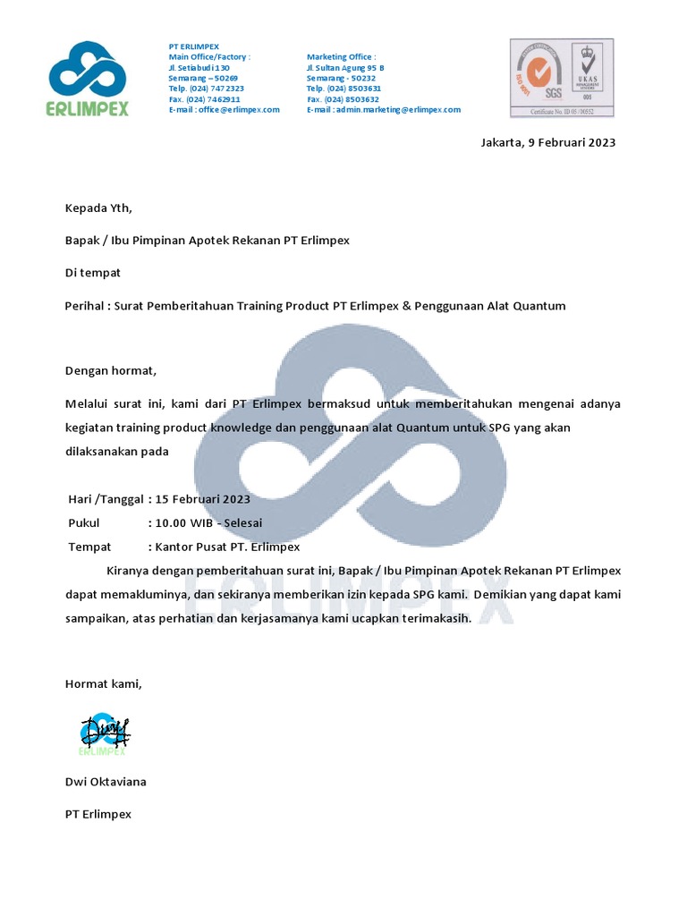 Surat Pemberitahuan Training Product Knowledge Feb 2023 (KF JKT 1) | PDF