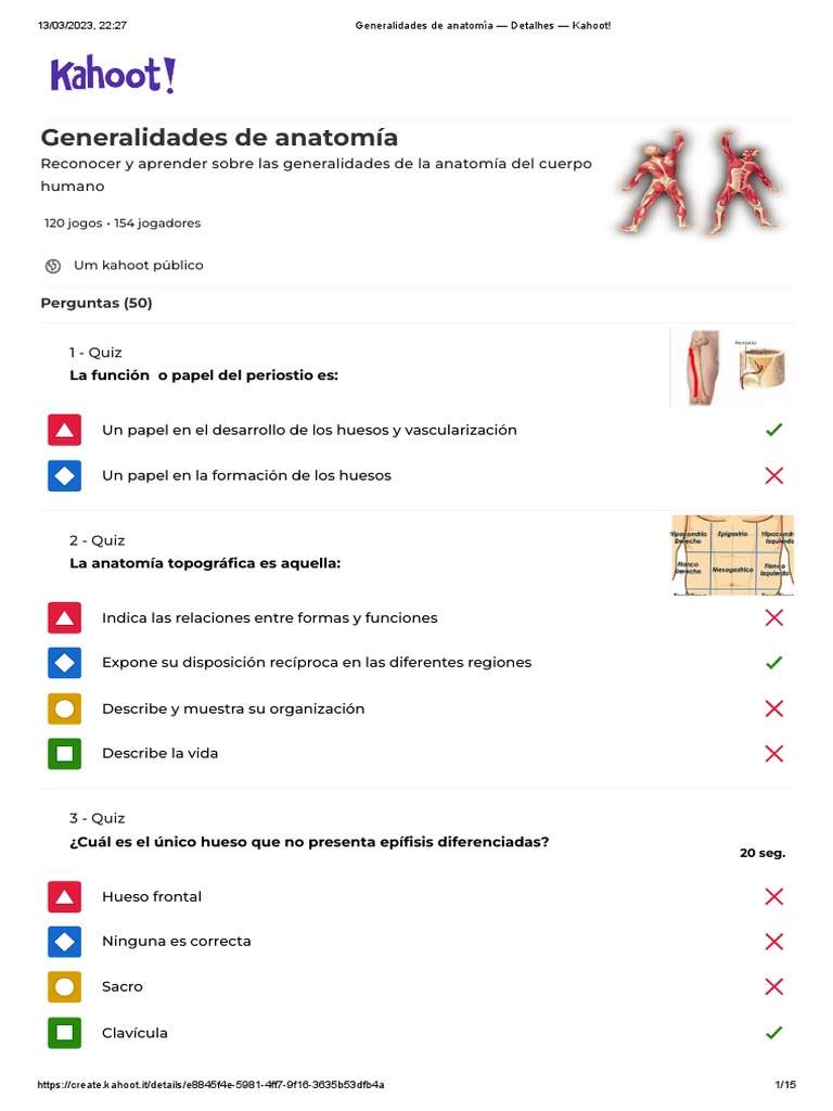 Generalidades de Anatomía - Detalhes - Kahoot! | PDF | Hueso | Tórax