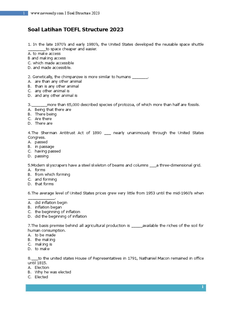 Soal Latihan TOEFL Structure 2023 PDF | PDF | History