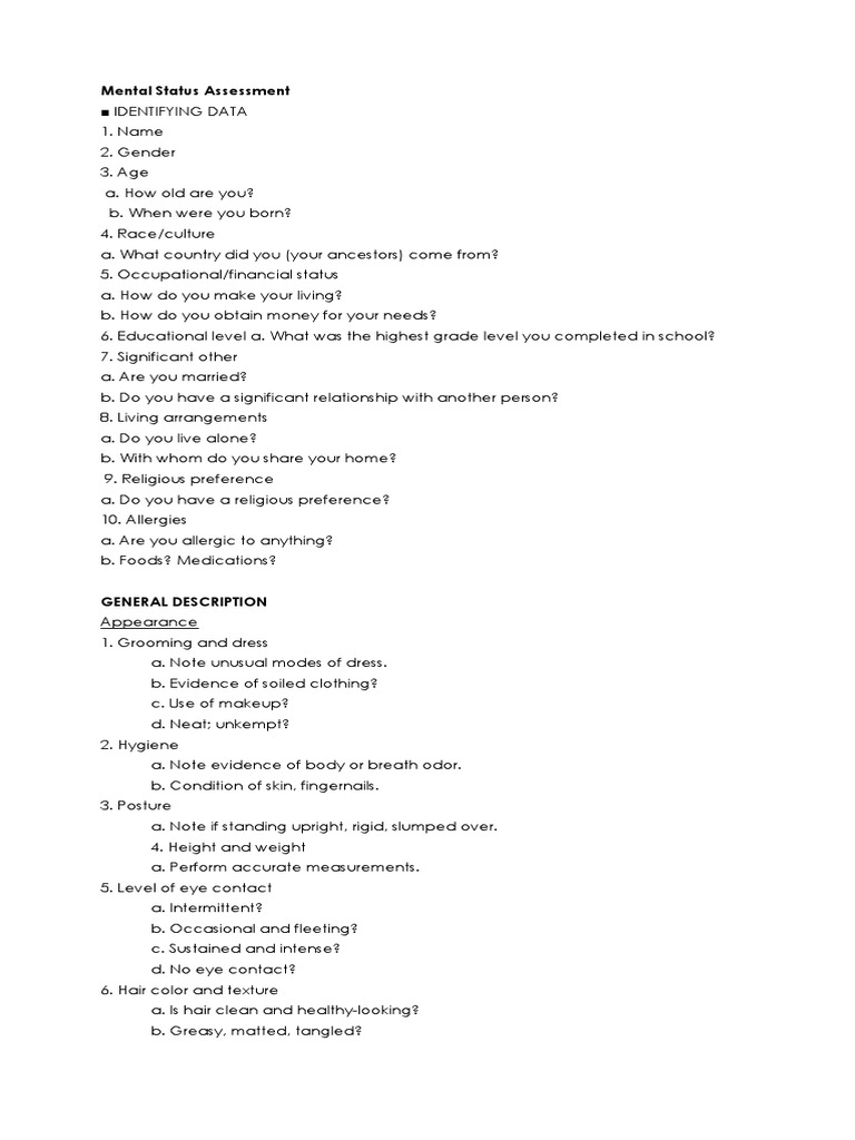 Mental Status Assessment Guide | PDF | Perception | Hallucination