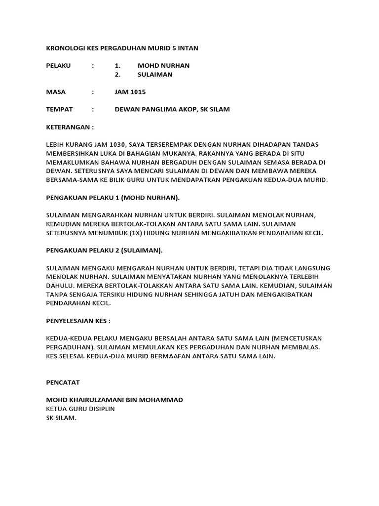 Kronologi Kes Pergaduhan Murid 5 Intan PDF | PDF