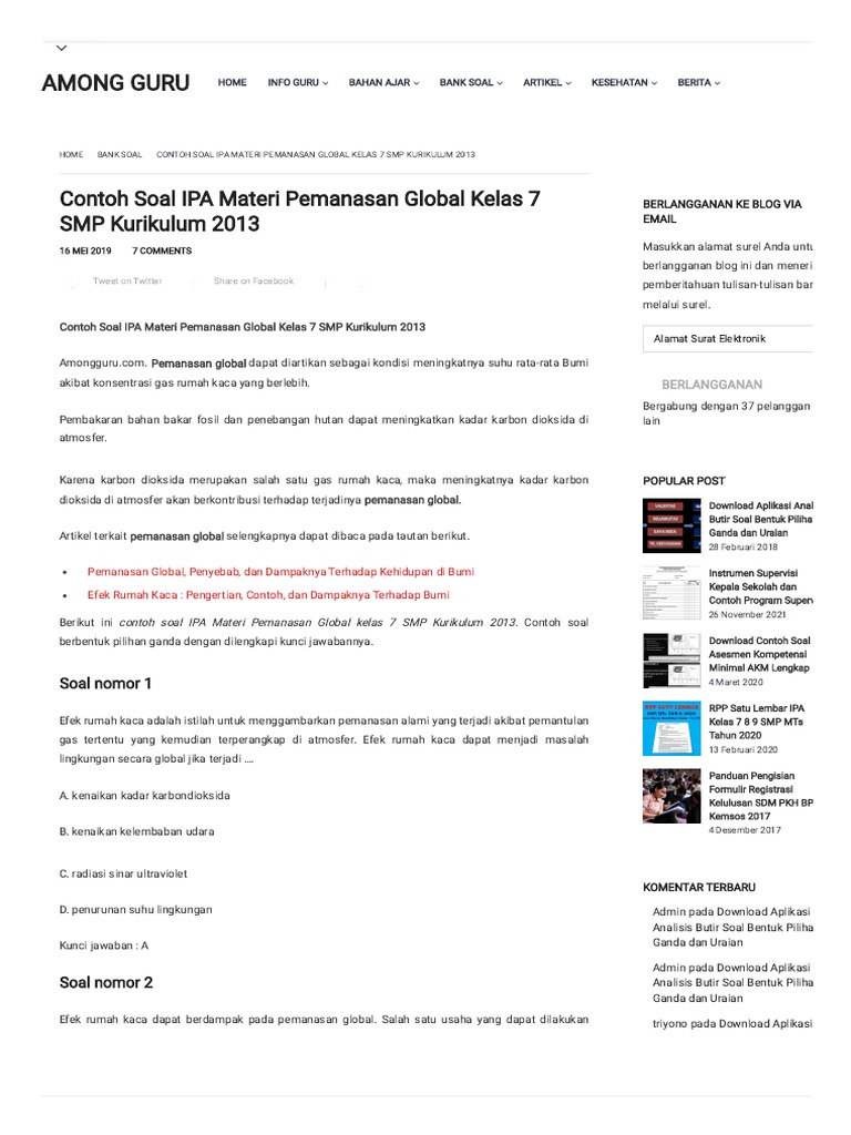 Contoh Soal IPA Materi Pemanasan Global Kelas 7 SMP Kurikulum 2013 | PDF