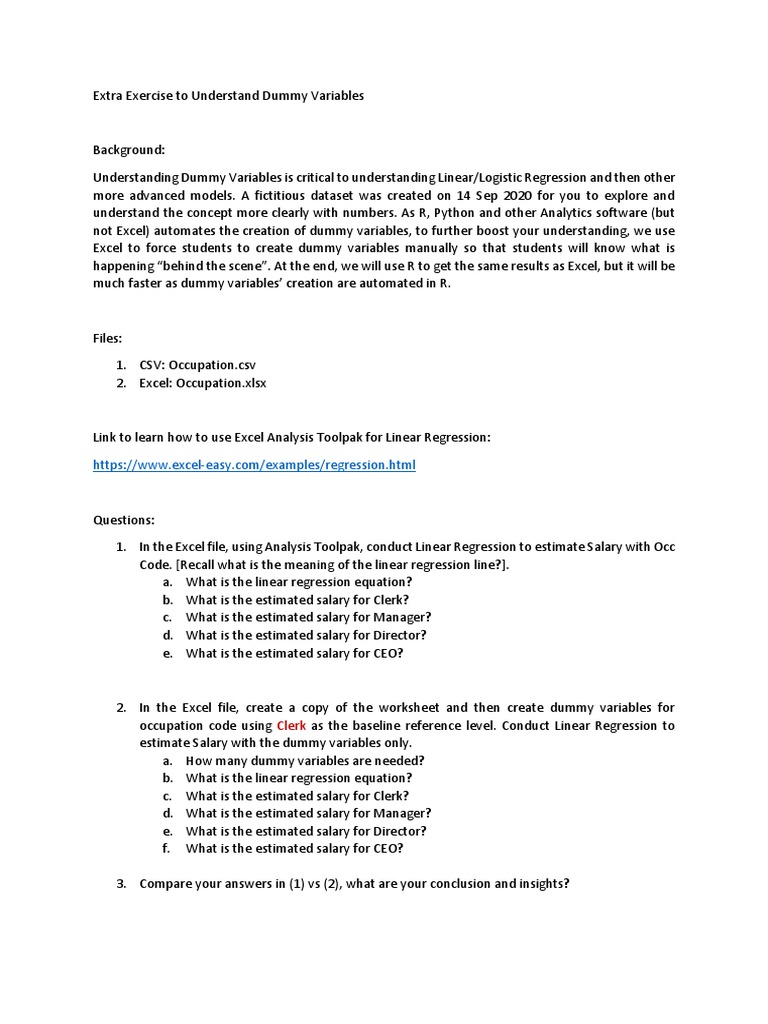 Extra Exercise To Understand Dummy Variables | PDF | Regression ... Extra Exercise To Understand Dummy Variables | PDF | Regression ...