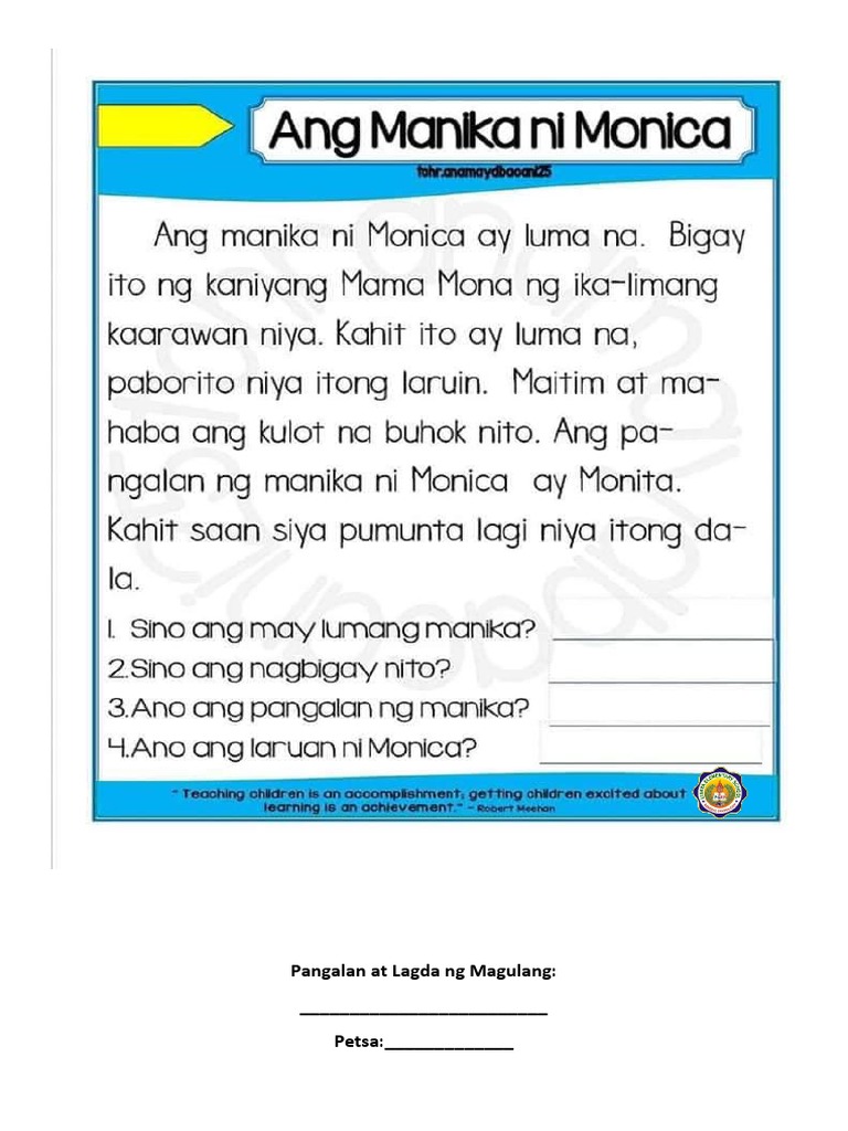 Filipino Reading With Comprehension | PDF