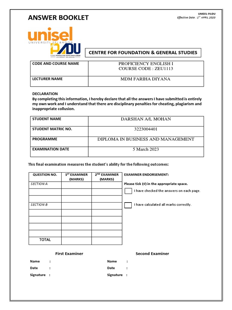 UNISEL-PADU ANSWER BOOKLET | PDF