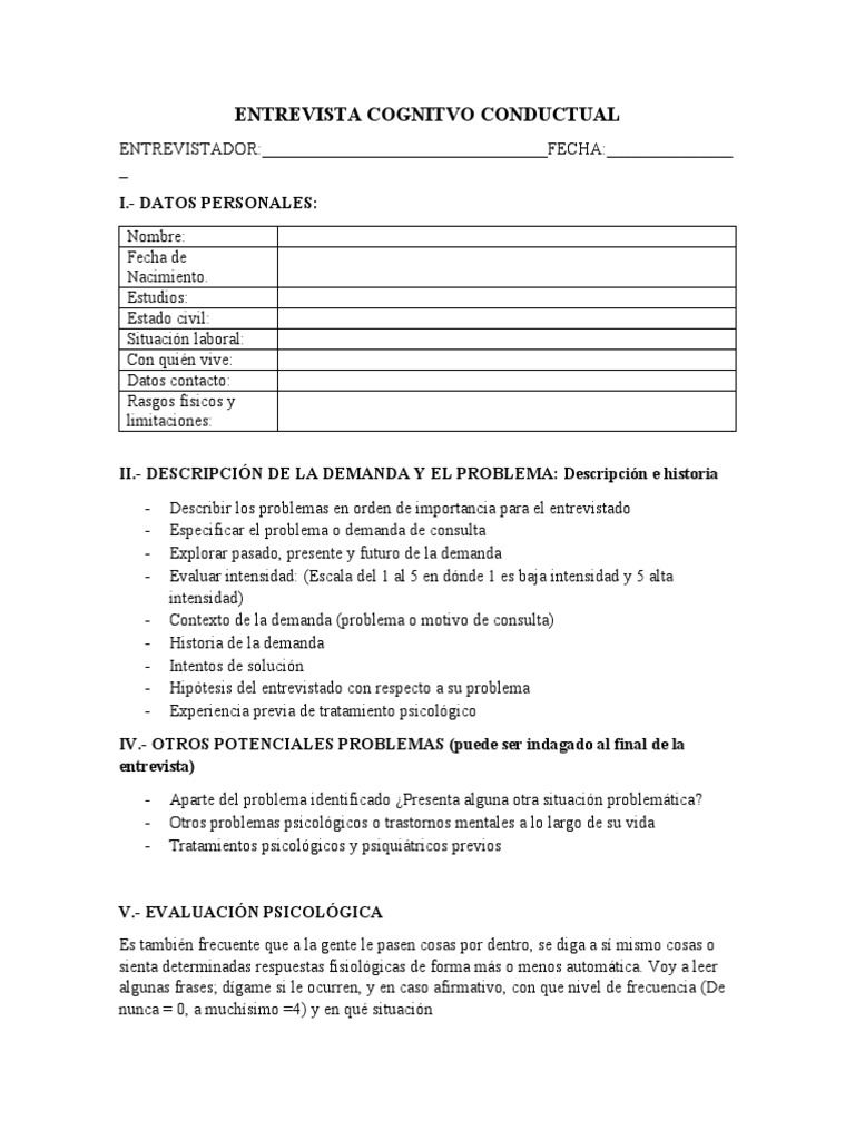 ENTREVISTA Cognitivo Conductual | PDF | Sicología | Trastorno mental