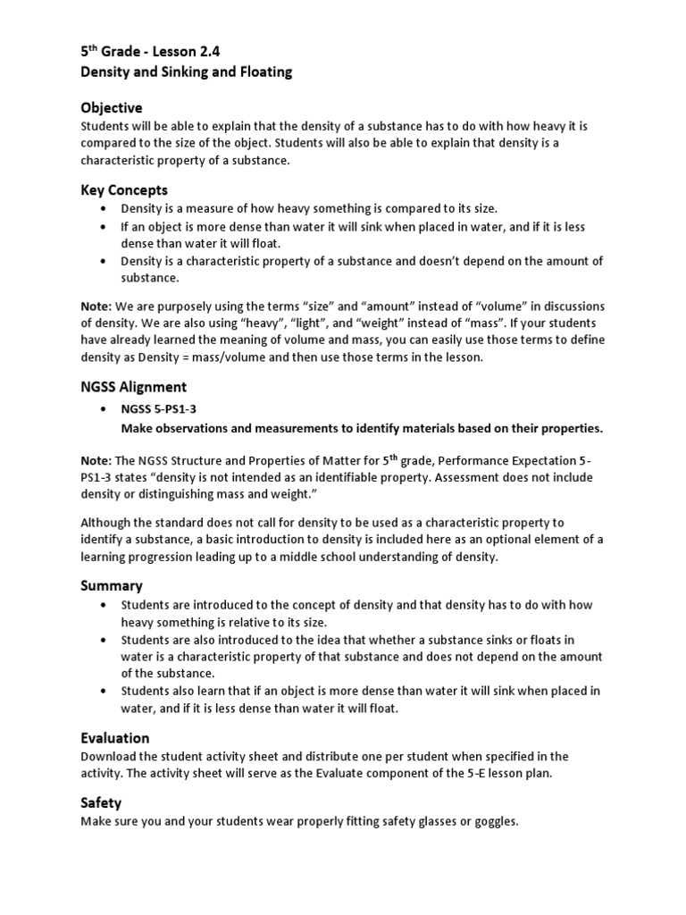 g5 Lesson 2.4 Sink and Float | PDF | Density | Buoyancy