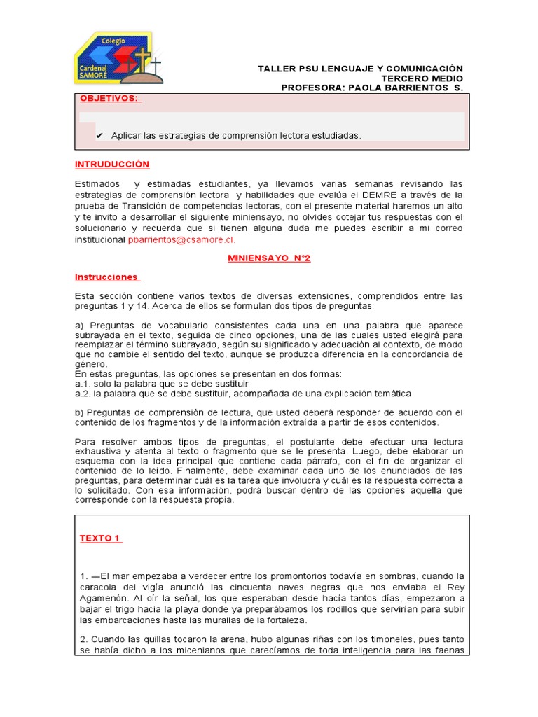 Guía N°14, Taller Psu Lenguaje, Tercero Medio, A, B, C. Prof. Paola Barrientos | PDF ...