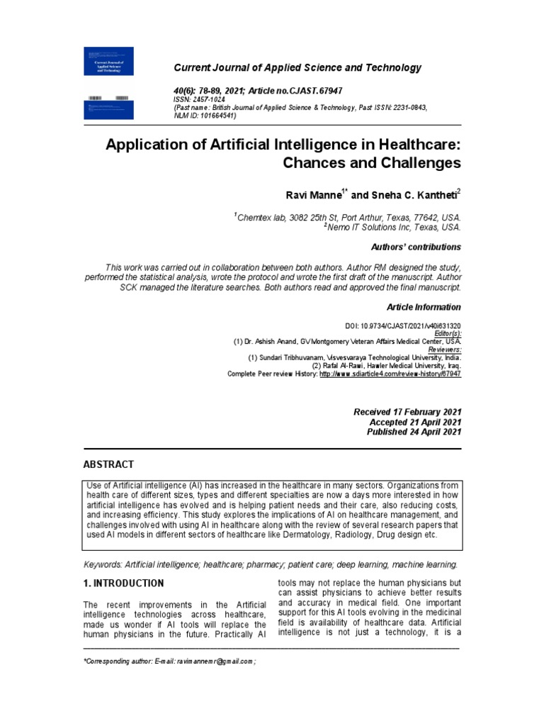 Application of Artificial Intelligence in Healthcare: Chances and Challenges | PDF | Artificial ...