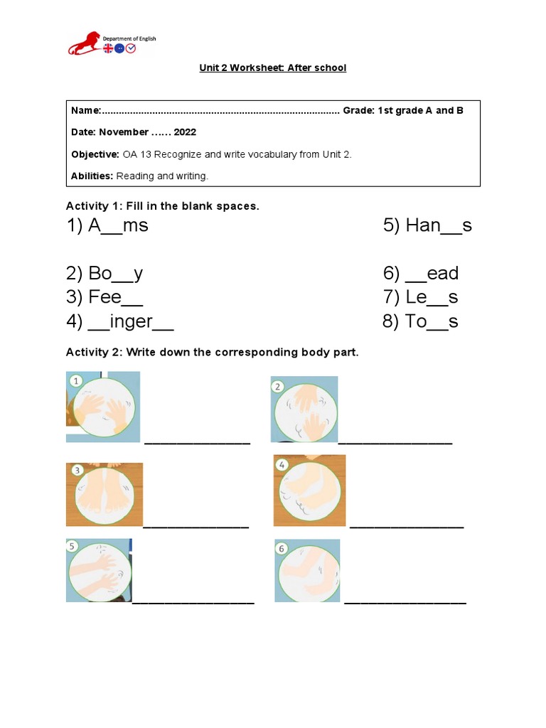 Unit 2 Worksheet - After School 1st Grade | PDF