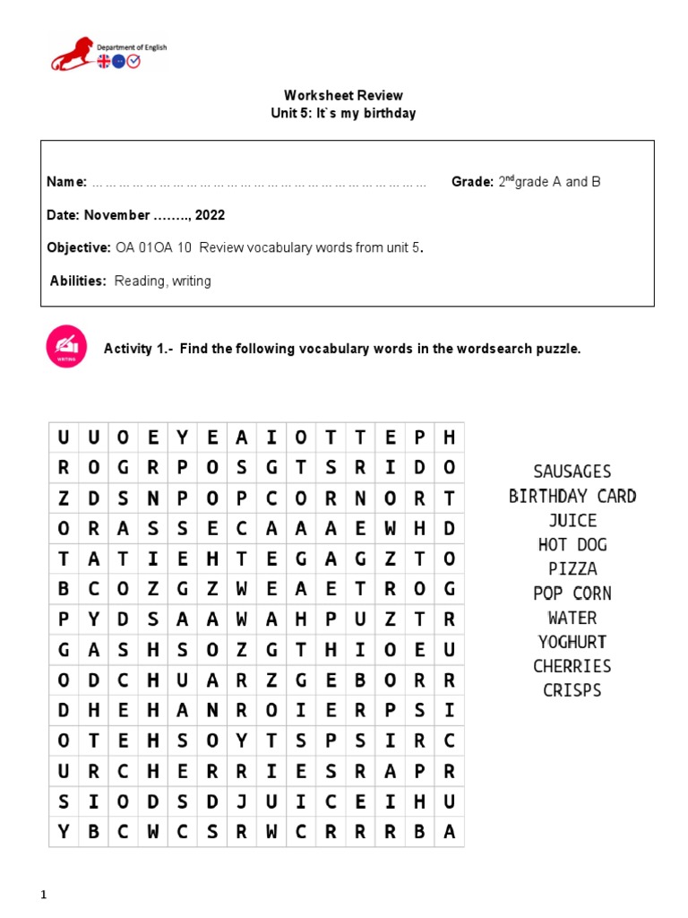 Birthday Vocabulary Worksheet | PDF