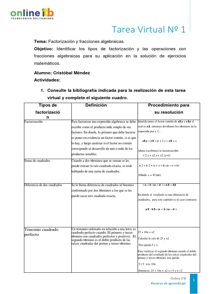 Tarea Virtual 1 Factorizacion | PDF | Factorización | Sustracción