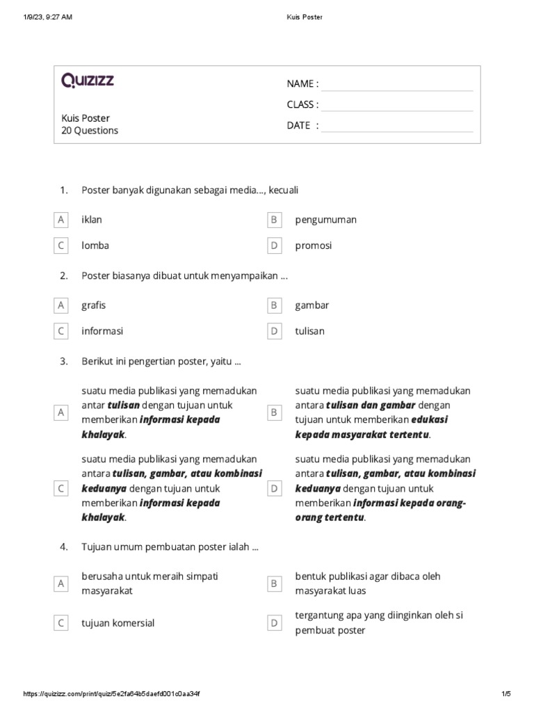 Kuis Poster: 20 Pertanyaan Edukasi | PDF