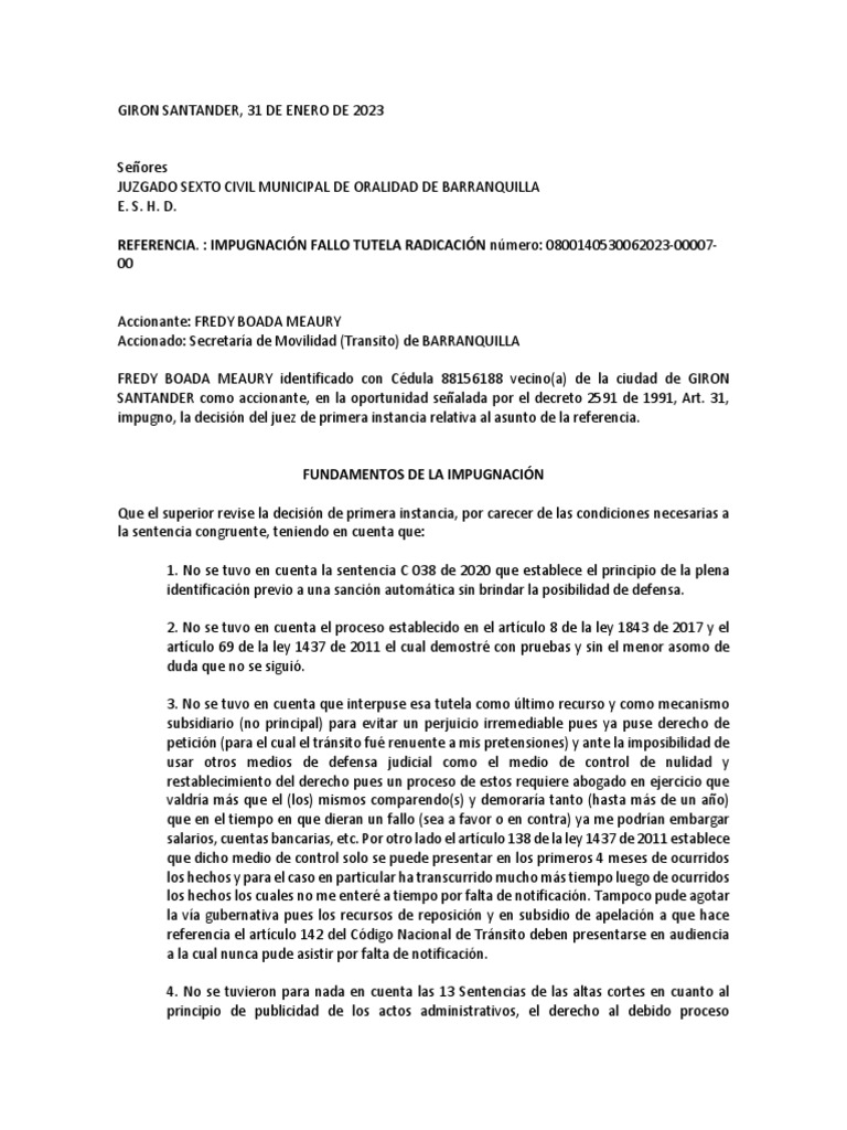 Impugnacion Fallo de Tutela Barranquillla | PDF | Sentencia (ley ...