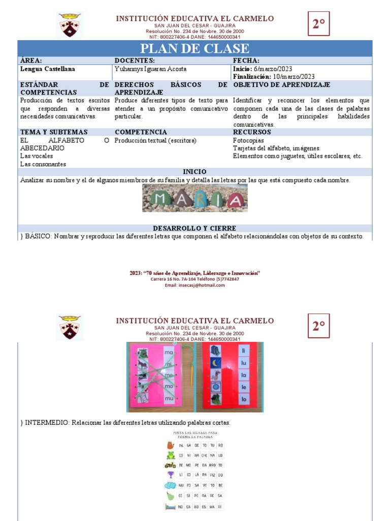 PLAN DE CLASE LENGUA CASTELLANA 2° | PDF | Alfabeto | Aprendizaje