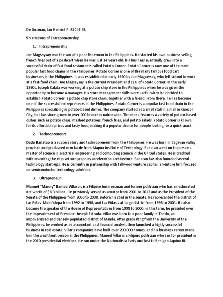 Variations of Entrepreneurship de Guzman Jan Henrick P. BSChE 3B | PDF ...