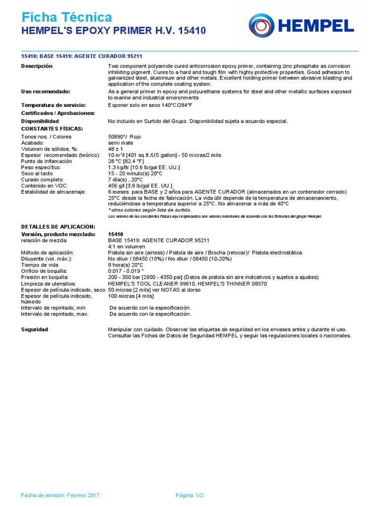 PDS HEMPEL'S EPOXY H.V. 15410 es-MX PDF | PDF | Agua | Contaminación