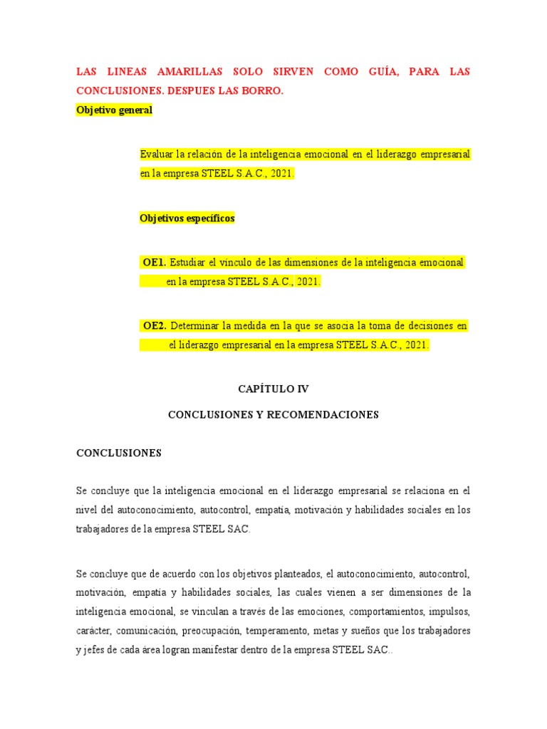 Modelo de Capítulo Iv Conclusiones y Recomendaciones 10 10 22 | PDF | Las emociones ...