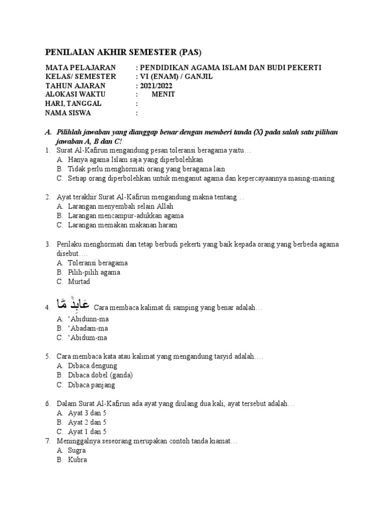 Soal PAS Agama Islam Kelas 6 | PDF | Agama & Spiritualitas