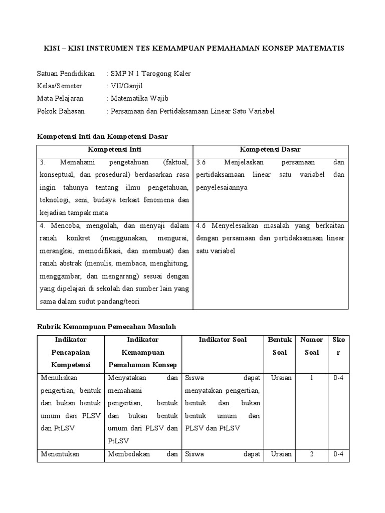 Kisi - Kisi Instrumen Evaluasi | PDF