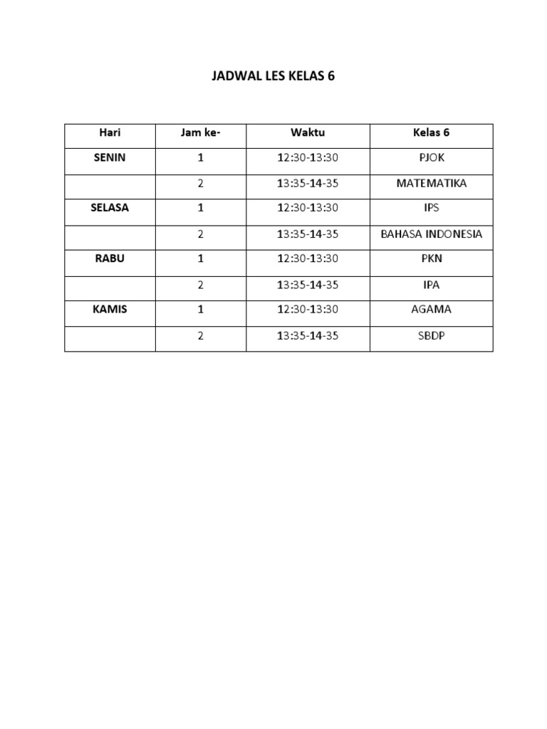 Jadwal Les Kelas 6 | PDF
