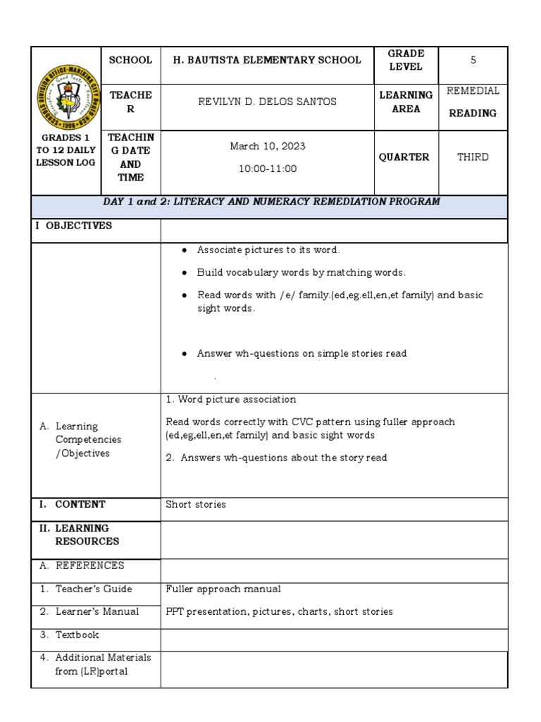 Grade 5 Remedial Reading Lesson Plan | PDF | Teaching | Pedagogy