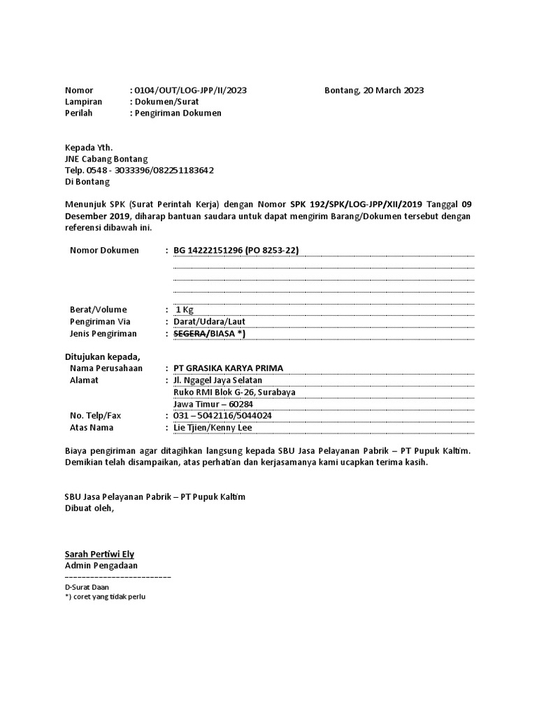 Surat Pengantar JNE New.docx | PDF