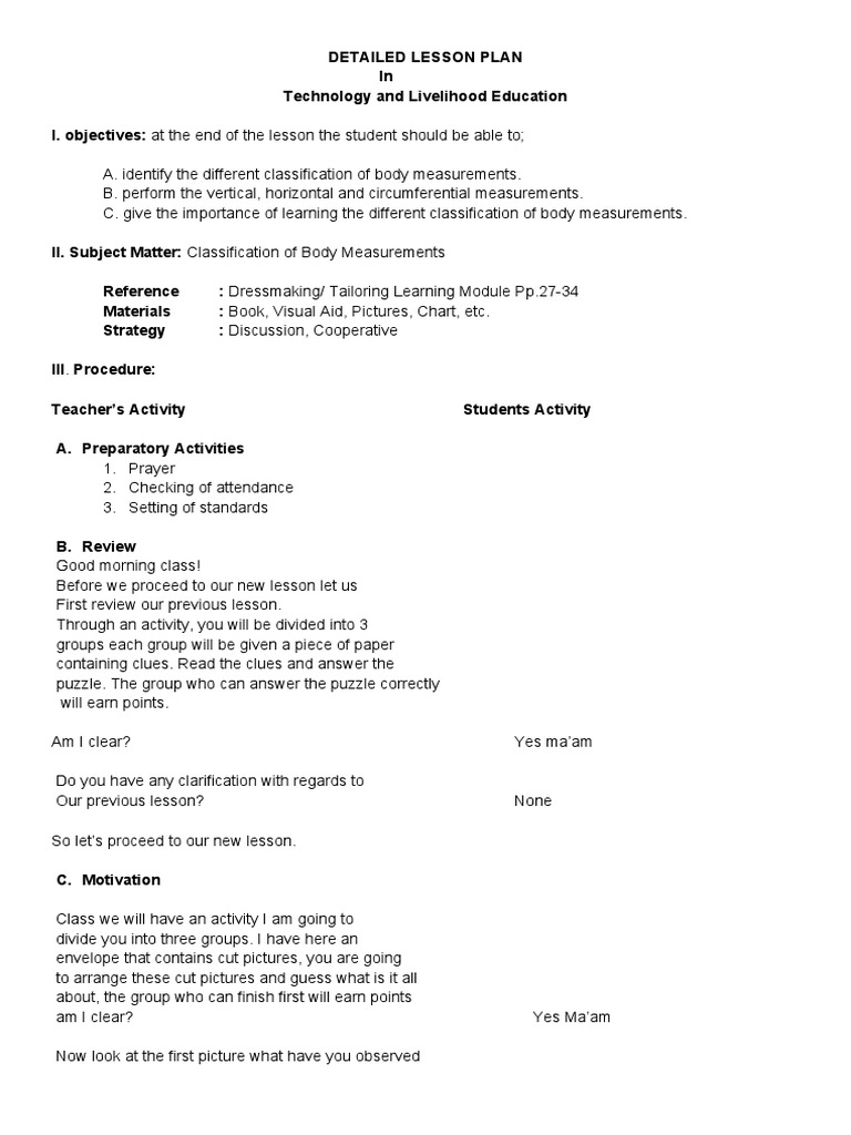 DETAILED Lesson Plan Dressmaking NEW | PDF | Lesson Plan | Cognitive ...