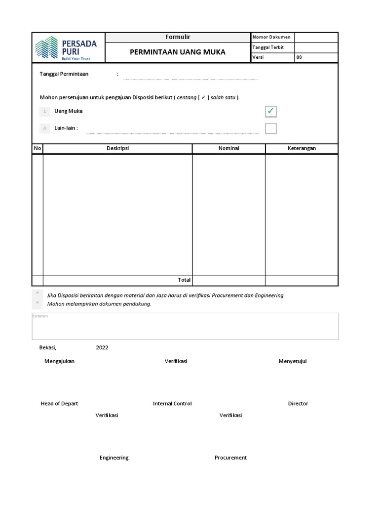 Form Permintaan Uang Muka | PDF