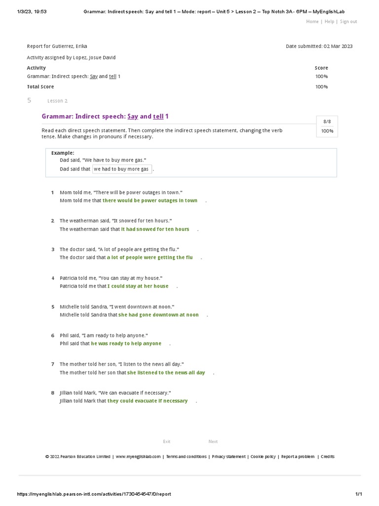 Grammar - Indirect Speech - Say and Tell 1 - Mode - Report - Unit 5 ...