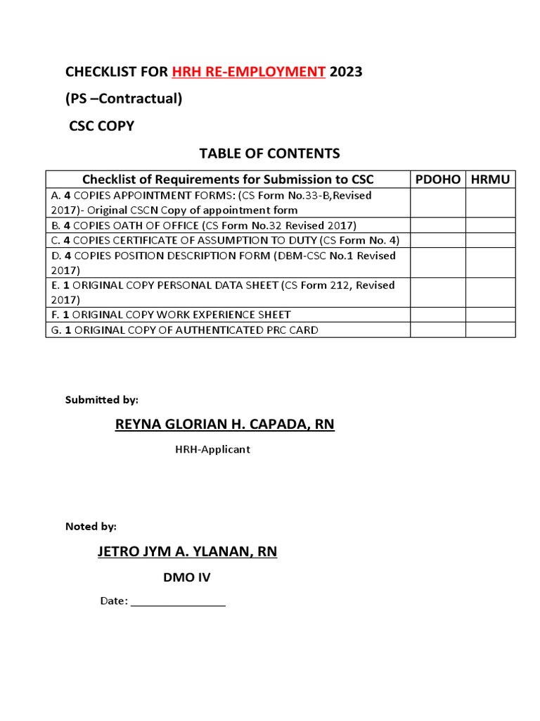 Checklist For 2023 (PS - Contractual) CSC Copy: HRH Re-Employment | PDF