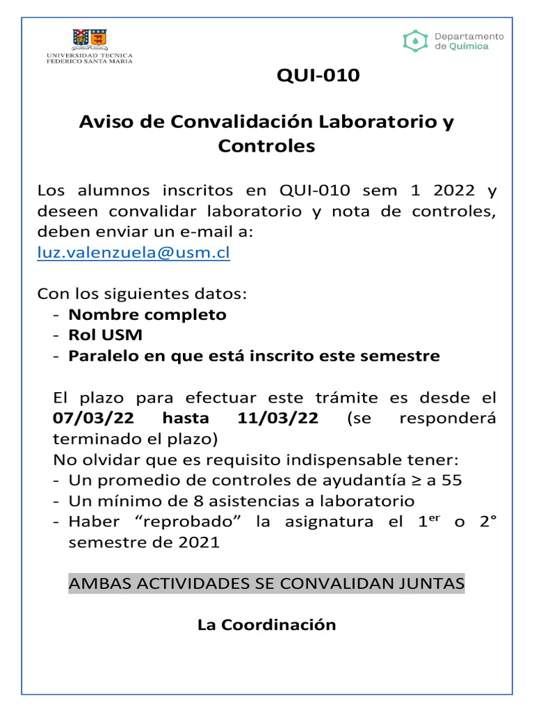 Aviso Convalidación Laboratorio y controles sem1 2022 | PDF