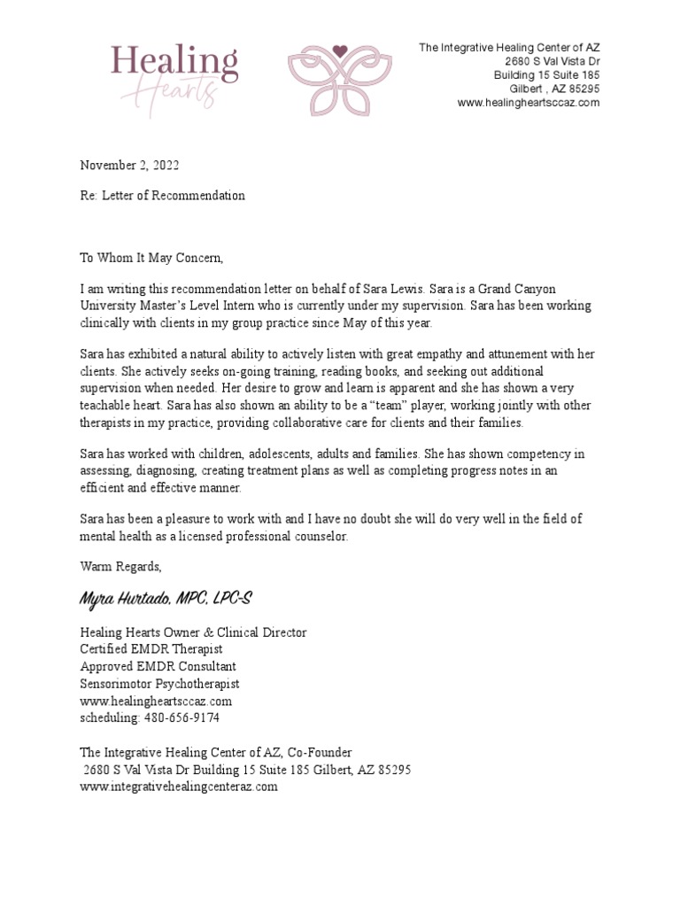 Healing Hearts Letter of Rec | PDF | Psychotherapy | Clinical Medicine