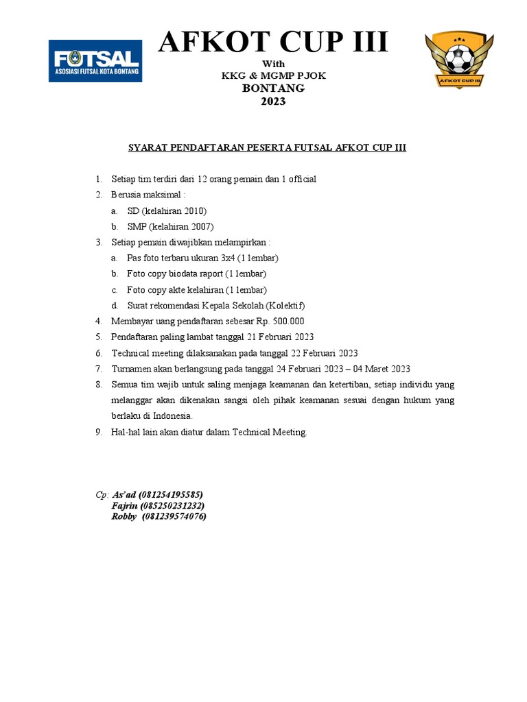 Formulir Pendaftaran FUTSAL AFKOT CUP III-2 | PDF