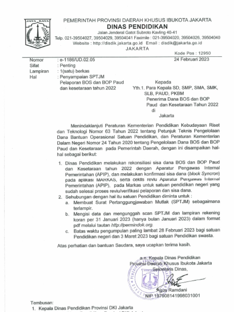 Surat Penyampaian SPTJM Pelaporan BOS BOP Tahun 2022 PDF | PDF