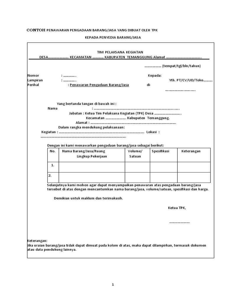 Contoh Penawaran Pengadaan Barang | PDF | Bisnis