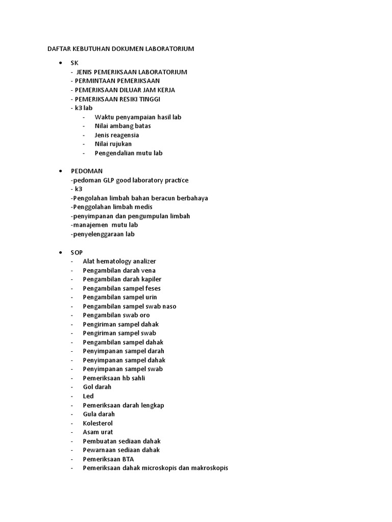 Daftar Kebutuhan Dokumen Laboratorium | PDF