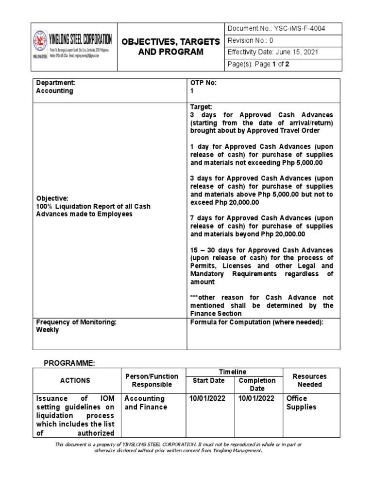 Ysc - Ims - F - 4004 - Objectives Targets and Program | PDF | Economies ...
