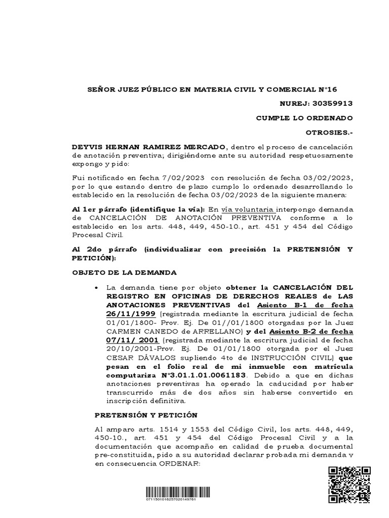 Memorial Validado Cancelación de Anotacion Preventiva Deyvis PDF | PDF ...
