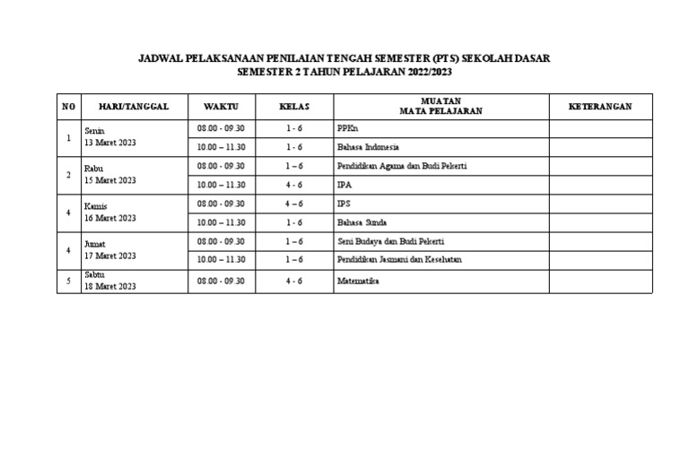 JADWAL PTS Semester 2 2022-2023 | PDF