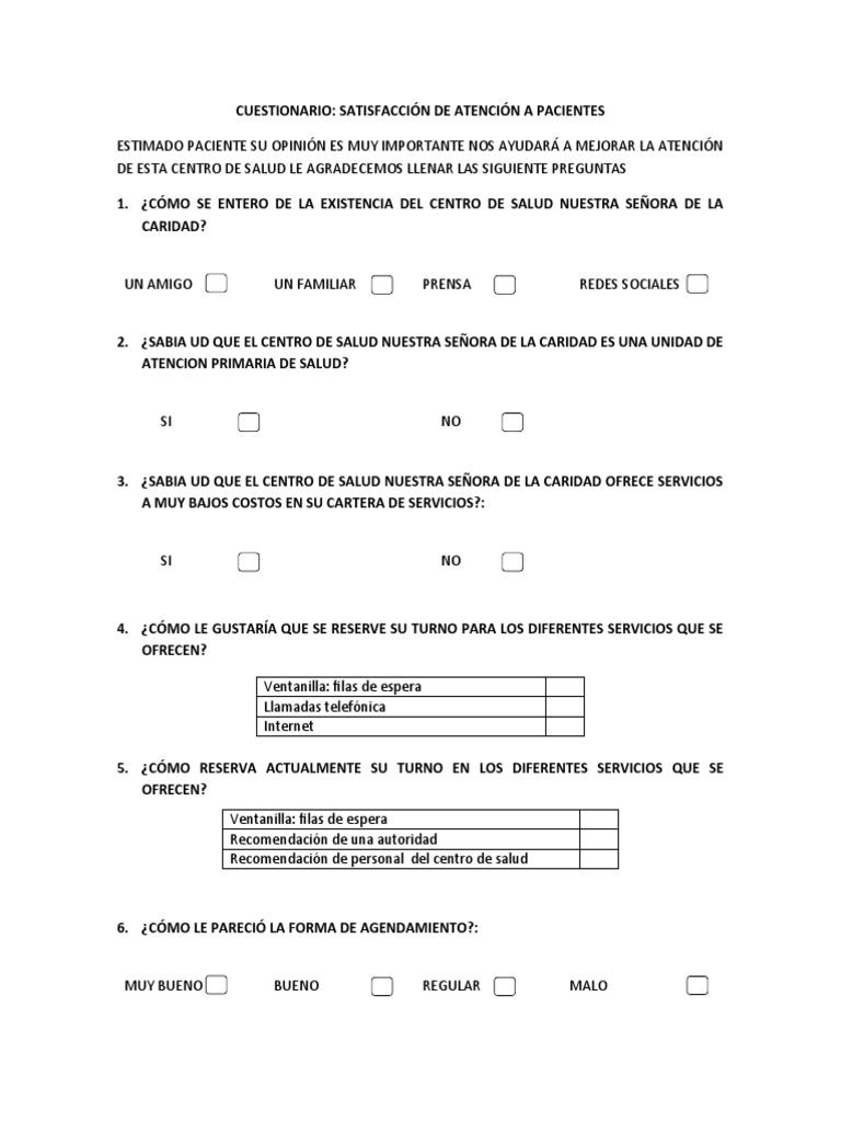 Cuestionario de Satisfacion Del Paciente | PDF