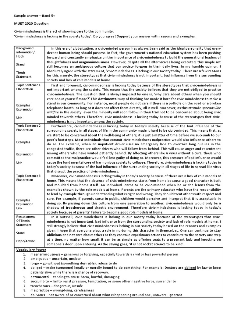 Civic-Mindedness Essay MUET Sample Essay | PDF | Stereotypes | Mind